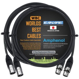 worlds best cables 2 units - 3 foot - canare l-4e6s, star quad balanced male to female microphone cables with amphenol ax3m & ax3f silver xlr connectors - custom made