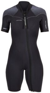 henderson women's 3mm thermoprene pro front zip shorty wetsuit, black/purple, 6