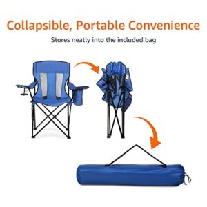 Amazon Basics Portable Camping Chair with 4-Can Cooler, Side Pocket, Cup Holder, and Carry Bag, Collapsible for Camping, Tailgates, Beach, and Sports, Large, Mesh Back, Blue