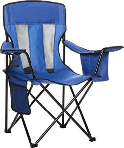 amazon basics portable camping chair with 4-can cooler, side pocket, cup holder, and carry bag, collapsible for camping, tailgates, beach, and sports, large, mesh back, blue