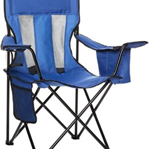 Amazon Basics Portable Camping Chair with 4-Can Cooler, Side Pocket, Cup Holder, and Carry Bag, Collapsible for Camping, Tailgates, Beach, and Sports, Large, Mesh Back, Blue