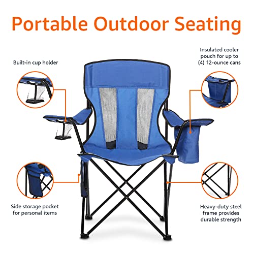 Amazon Basics Portable Camping Chair with 4-Can Cooler, Side Pocket, Cup Holder, and Carry Bag, Collapsible for Camping, Tailgates, Beach, and Sports, Large, Mesh Back, Blue