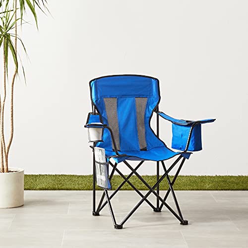 Amazon Basics Portable Camping Chair with 4-Can Cooler, Side Pocket, Cup Holder, and Carry Bag, Collapsible for Camping, Tailgates, Beach, and Sports, Large, Mesh Back, Blue