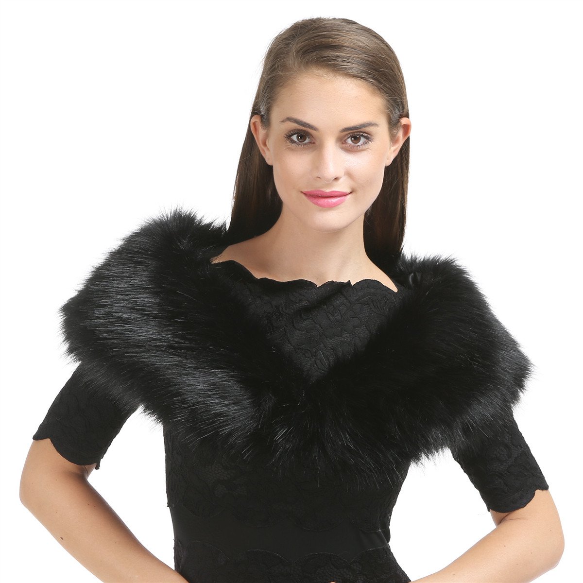 Lucky Leaf Women's Faux Fur Shawl Party Faux Fur Collar Fur Wraps for Winter Bridal Wedding Cover Up (Black, 100cm)