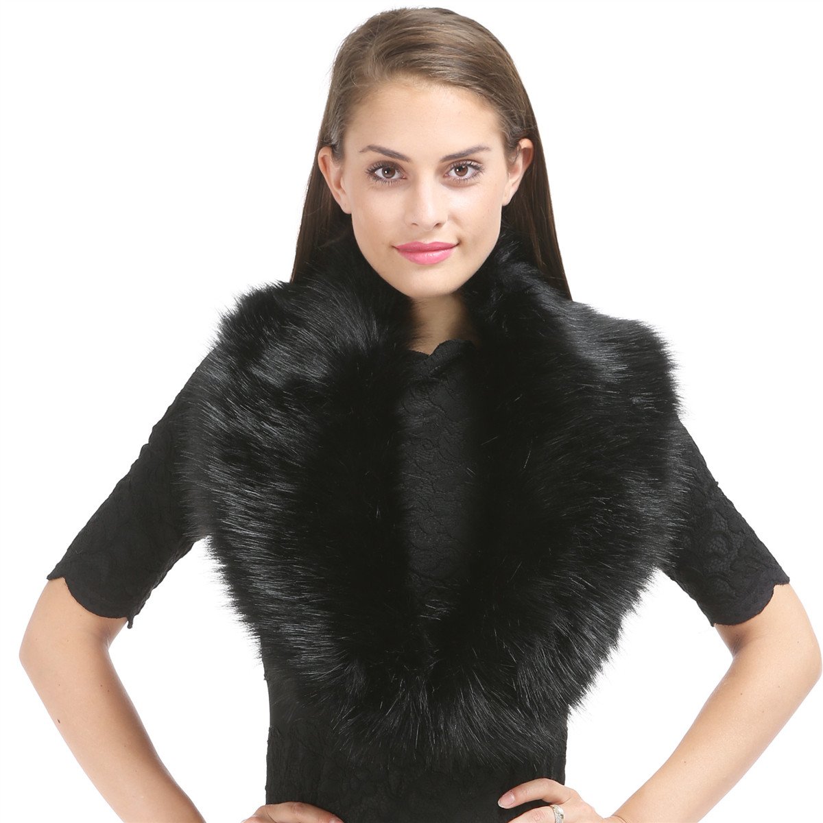 Lucky Leaf Women's Faux Fur Shawl Party Faux Fur Collar Fur Wraps for Winter Bridal Wedding Cover Up (Black, 100cm)