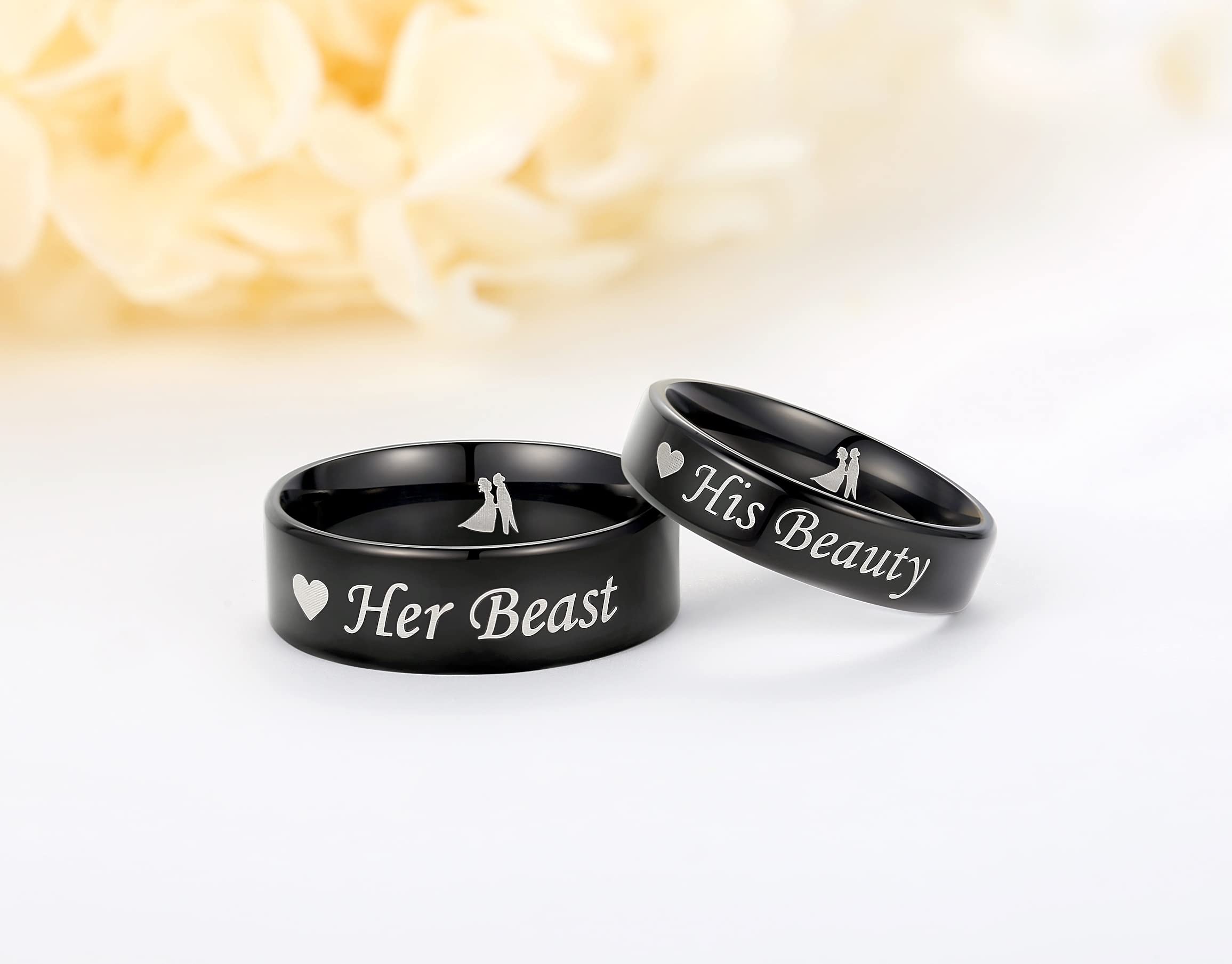 Global Jewelry Amazing His Beauty Her Beast Titanium Stainless Steel Wedding Band Set Anniversary Engagement Promise Ring