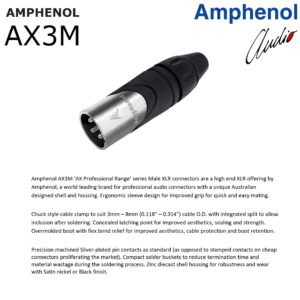 2 Units - 12 Foot - Canare L-4E6S, Star Quad, Shielded (Braided shield & Polyethylene Insulation) Balanced Microphone Cables terminated with Amphenol AX3M Silver XLR Male Connectors and Amphenol AX3F