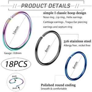 LOYALLOOK 18Pcs 20G 316L Stainless Steel Nose Ring Hoop Cartilage Hoop Septum Piercing 6mm,8mm,10mm