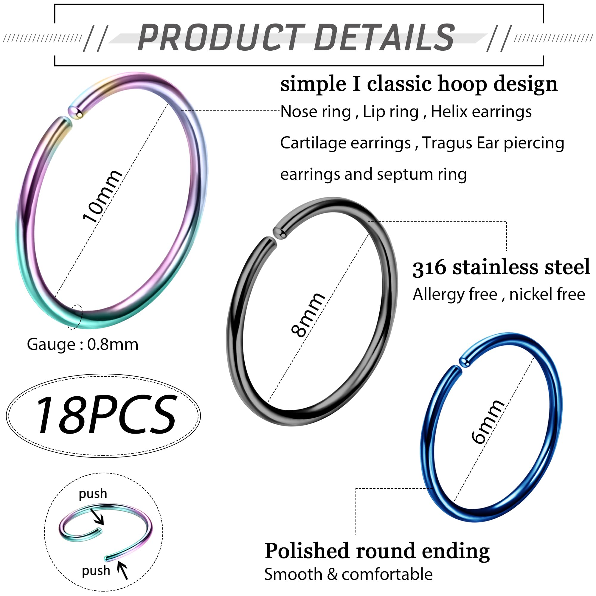 LOYALLOOK 18Pcs 20G 316L Stainless Steel Nose Ring Hoop Cartilage Hoop Septum Piercing 6mm,8mm,10mm