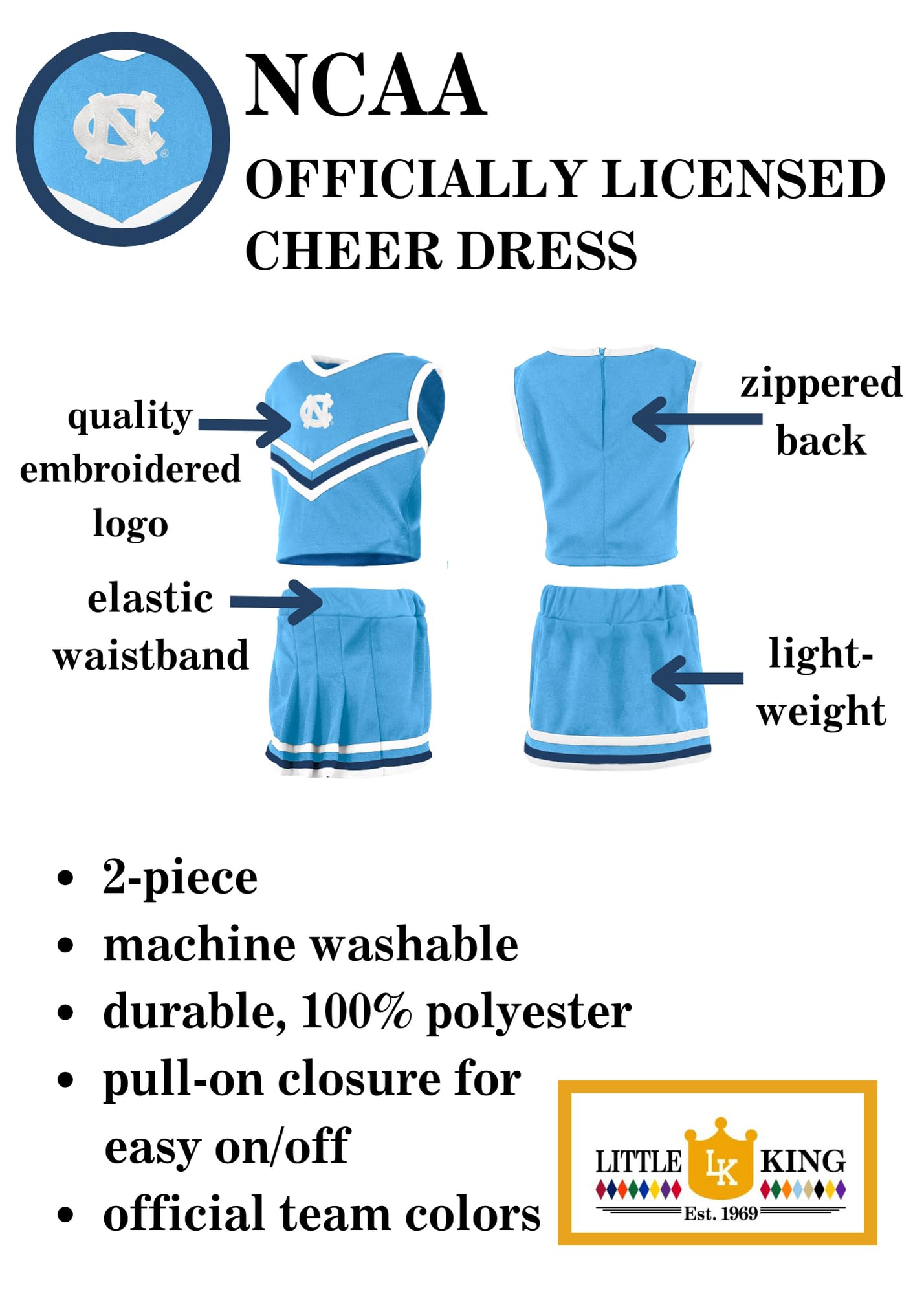 Little King NCAA Toddler/Youth Girls Team 2 Piece Cheer Dress-North Carolina Tar Heels-3T