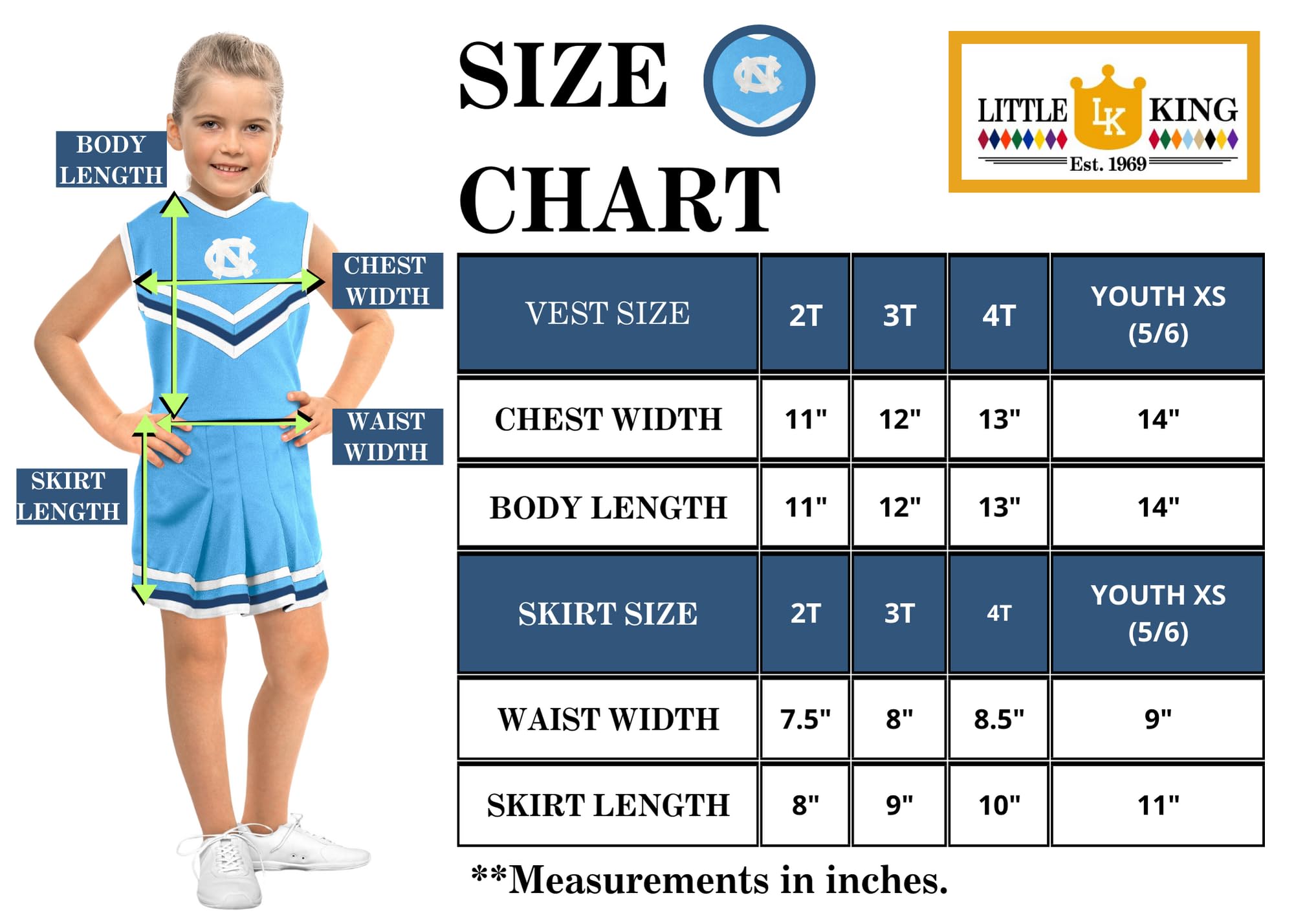 Little King NCAA Toddler/Youth Girls Team 2 Piece Cheer Dress-North Carolina Tar Heels-3T