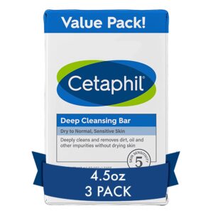 cetaphil bar soap, deep cleansing face and body bar, pack of 3, for dry to normal, sensitive skin, soap free, hypoallergenic, paraben free, removes makeup, dirt and oil