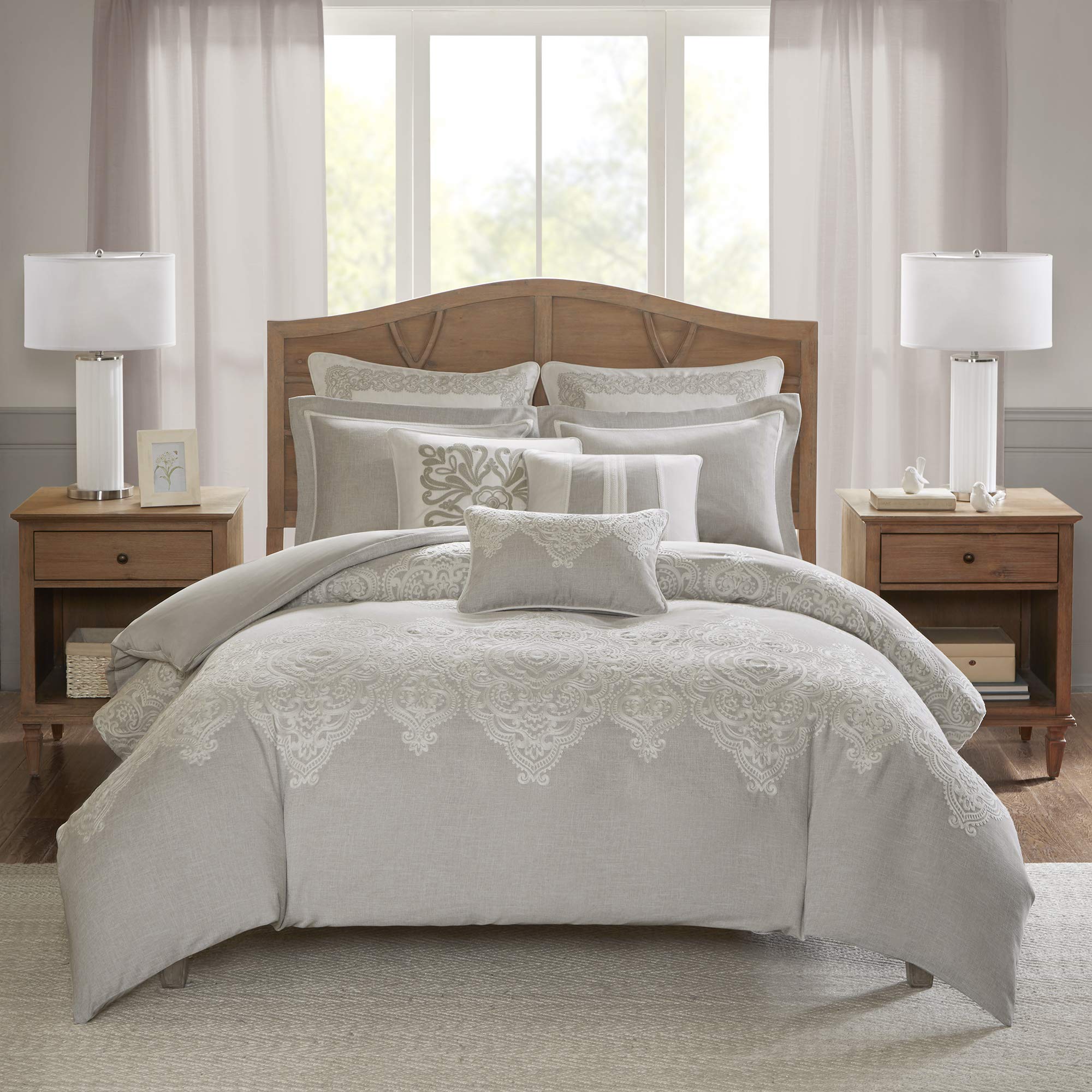 Madison Park Signature Cozy Comforter Set - All Season Bedding Combo Filled Insert and Removable Duvet Cover, Shams, Decorative Pillows, Damask Natural King(110"x96") 10 Piece