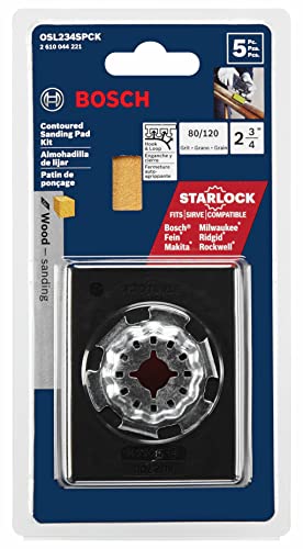 BOSCH OSL234SPCK 5-Piece Set 2-3/4 In. Starlock Oscillating Multi Tool Wood 80 & 120 Grit Hook-and-Loop Contoured Sanding Pad Assorted Kit for Multipurpose Sanding Applications in Plywood, Hardwoods