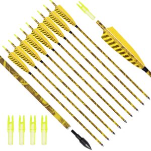 archery sharly 31inch carbon arrow practice hunting arrows for recurve & compound bow with 5" yellow camo turkey feathers, arrows with removable tips & replaceable nocks (pack of 12)