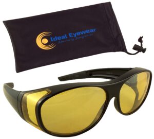 ideal eyewear night driving wear over glasses yellow lens fit over glasses (black frame with case, medium)