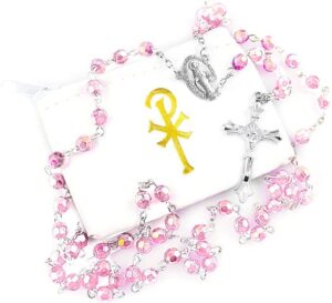 catholic 6mm beads woman or girl pink pearl rosary with white vinyl rosary case with gold accent (light pink)