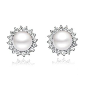 sunshine 925 sterling silver pearl earrings stud aaa zirconia 9mm freshwater pearl jewelry for women (earrings)