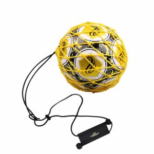 podiumax handle solo soccer kick trainer with new ball locked net design, soccer ball bungee elastic training juggling net (fits ball size 3, 4, 5) (yellow)