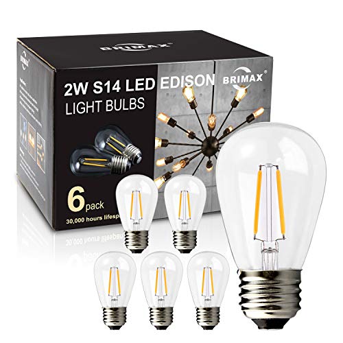 BRIMAX 6 Pack 2W LED Light Bulbs,Equivalent to 11W/20W/25W, Plastic LED Filament Bulb,2700K Warm White,E26 Medium Base, S14 Edison Light Bulbs for 6/12/18-light Sputnik Chandelier Bulbs