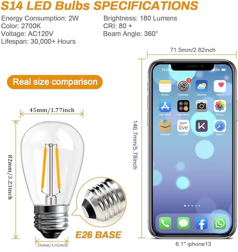 BRIMAX 6 Pack 2W LED Light Bulbs,Equivalent to 11W/20W/25W, Plastic LED Filament Bulb,2700K Warm White,E26 Medium Base, S14 Edison Light Bulbs for 6/12/18-light Sputnik Chandelier Bulbs