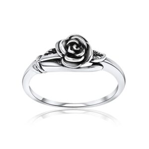 hoops & loops sterling silver oxidized flower rose ring, size 6