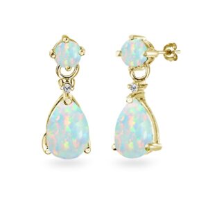 yellow gold flashed sterling silver synthetic white opal teardrop dangle earrings