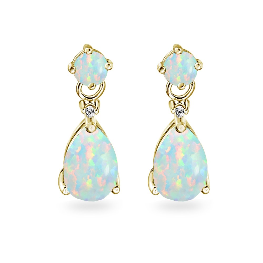 Yellow Gold Flashed Sterling Silver Synthetic White Opal Teardrop Dangle Earrings