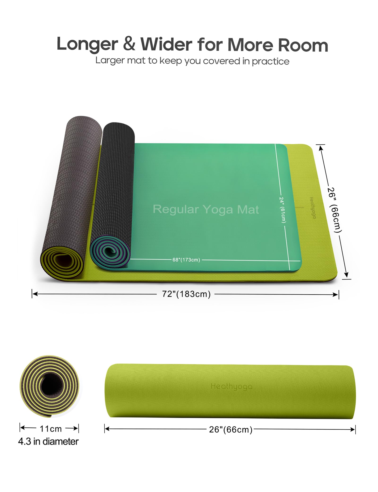 Heathyoga Eco Friendly Non Slip Yoga Mat, Body Alignment System, SGS Certified TPE Material - Textured Non Slip Surface and Optimal Cushioning,72"x 26" Thickness 1/4"