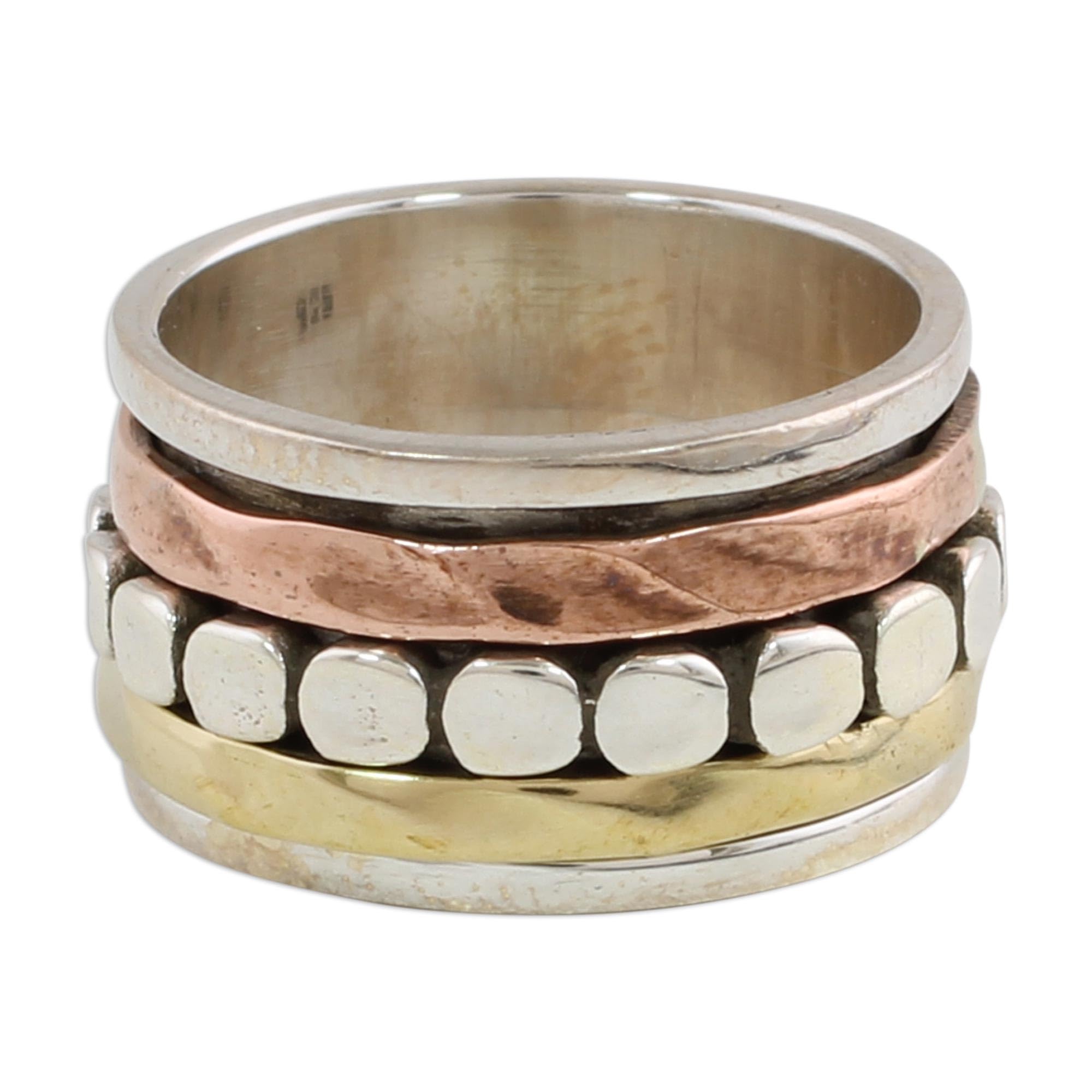 NOVICA Artisan Handmade Sterling Silver Meditation Spinner Ring Copper Brass from India No Stone Floral [band Width 11 mm W] ' Paved Road'