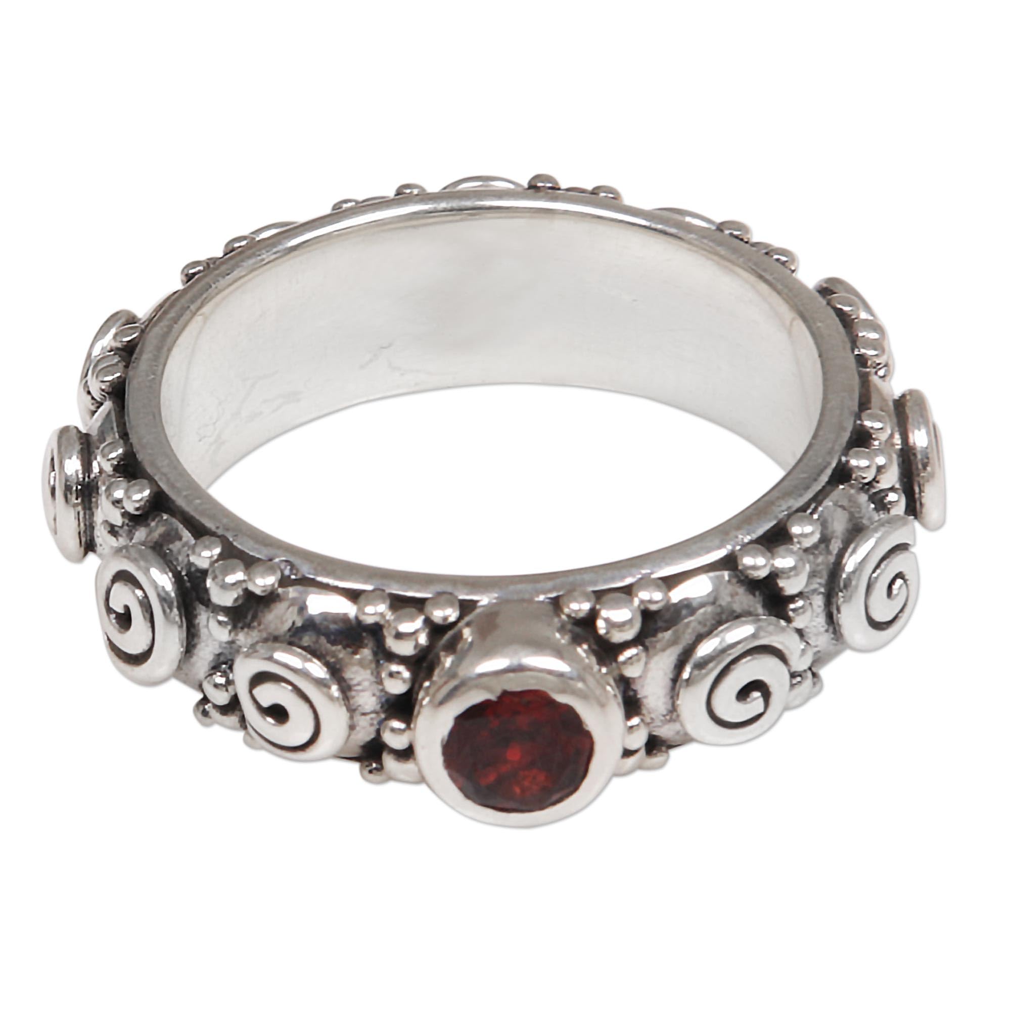 NOVICA Artisan Handmade Garnet Singlestone Ring Sterling Silver from Indonesia Red Birthstone [crownbezel 0.2 in H x 0.2 in Diam. Band Width 6 mm W] ' Swirls of Joy in Red'