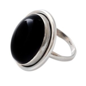 novica artisan handmade onyx cocktail ring fair trade sterling silver black single stone india modern birthstone [crownbezel 1 in l x 0.8 in w x 0.2 in h band width 3 mm w] ' universe'