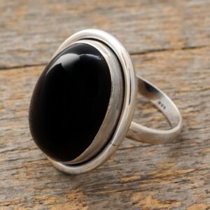 NOVICA Artisan Handmade Onyx Cocktail Ring Fair Trade Sterling Silver Black Single Stone India Modern Birthstone [crownbezel 1 in L x 0.8 in W x 0.2 in H Band Width 3 mm W] ' Universe'