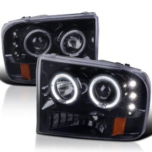 spec-d tuning halo rim led glossy black housing smoke lens projector headlights compatible with 1999-2004 ford f-250/f-350/f-450/f-550 super duty, left + right pair headlamps assembly