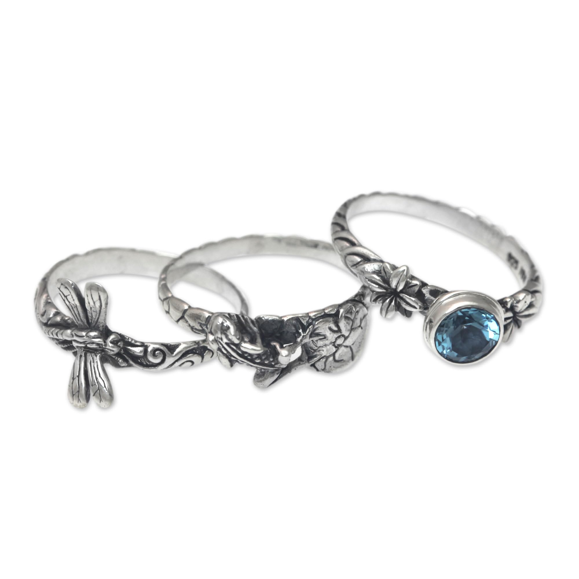 NOVICA Artisan Handmade Blue Topaz Stacking Rings Dragonfly Frog Silver 3 Sterling Indonesia Animal Themed Floral Birthstone Frogdragonfly [crownbezel 0.3 in L x 0.3 in W x 0.2 in H 2 mm W Total Wid]