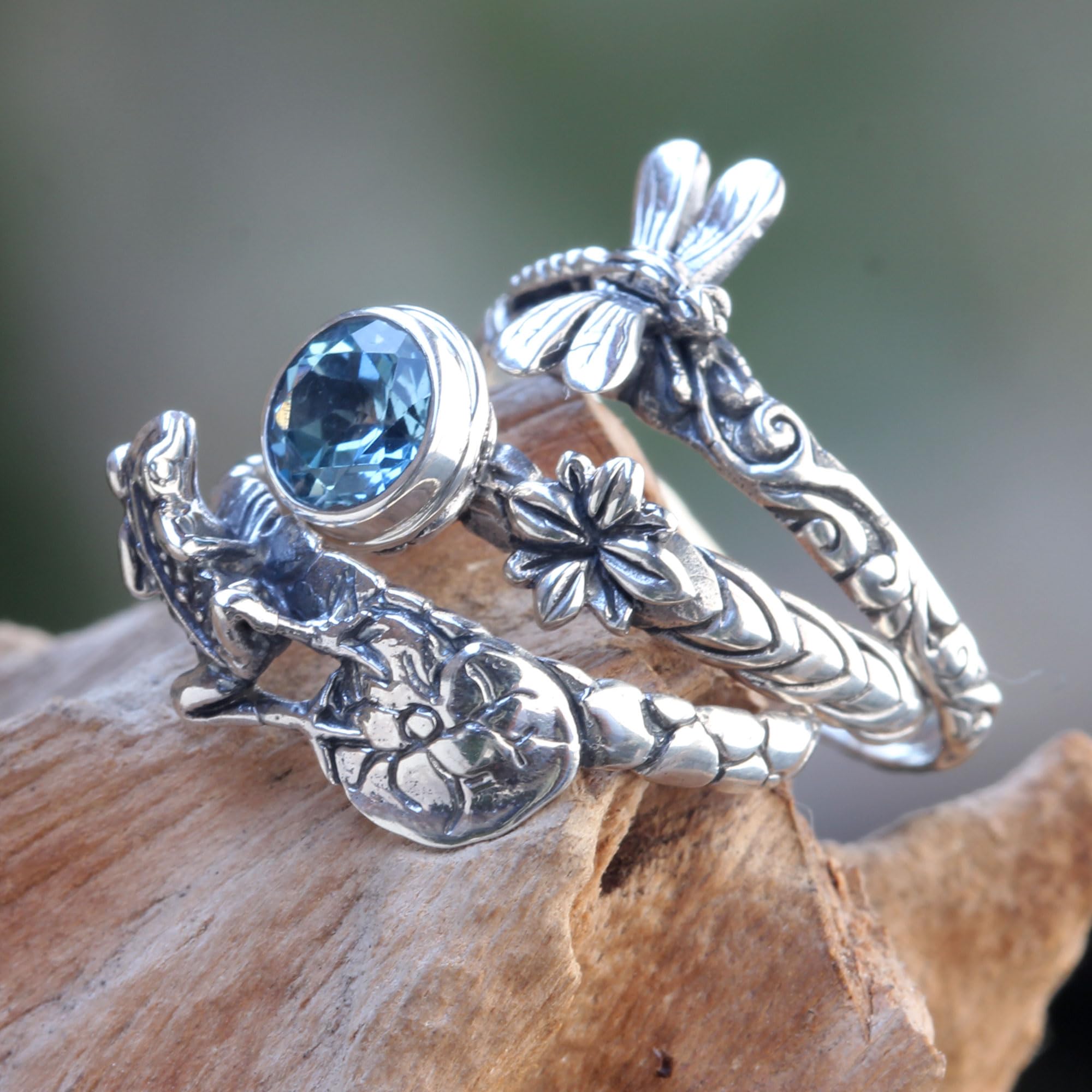 NOVICA Artisan Handmade Blue Topaz Stacking Rings Dragonfly Frog Silver 3 Sterling Indonesia Animal Themed Floral Birthstone Frogdragonfly [crownbezel 0.3 in L x 0.3 in W x 0.2 in H 2 mm W Total Wid]