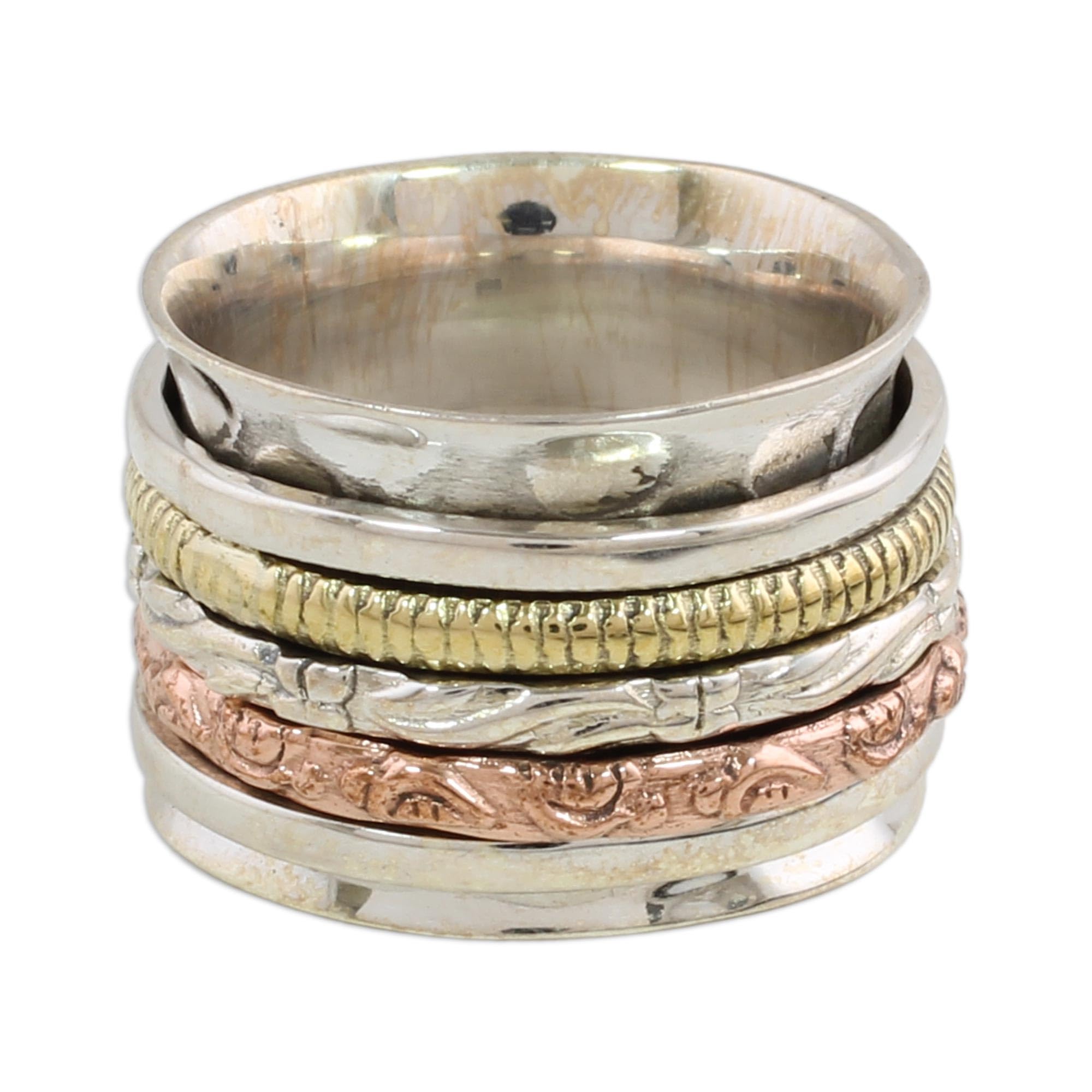 NOVICA Artisan Handmade Sterling Silver Meditation Spinner Ring Copper Brass Textured No Stone India Bohemian [band Width 14 mm W] ' Five Senses'