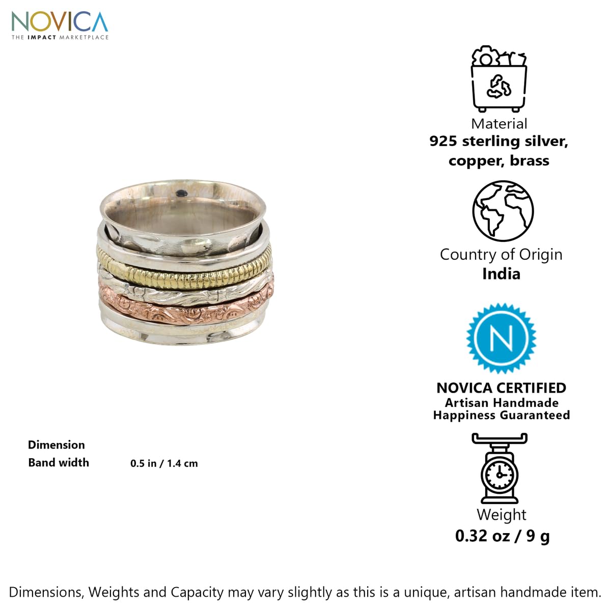 NOVICA Artisan Handmade Sterling Silver Meditation Spinner Ring Copper Brass Textured No Stone India Bohemian [band Width 14 mm W] ' Five Senses'