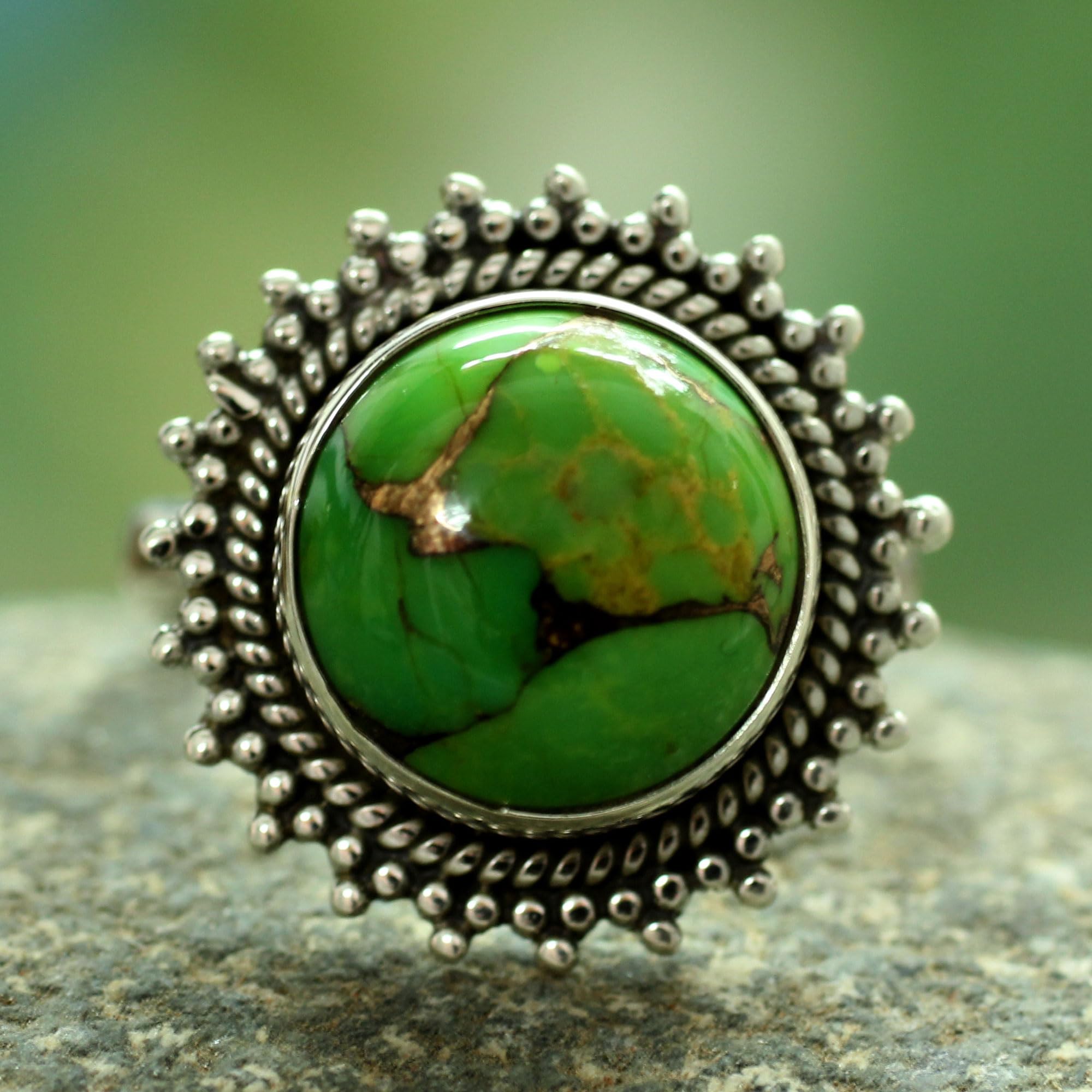 NOVICA Artisan Handmade .925 Sterling Silver Cocktail Ring Green Composite Turquoise Reconstituted India Greenery Bollywood 'Verdant Promise'