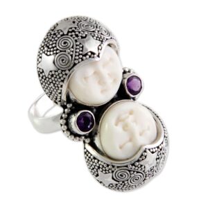 novica artisan handmade amethyst cocktail ring artisan crafted sterling silver bone indonesia birthstone balinese traditional [crownbezel 1.7 in l x 0.8 in w x 0.4 in h band width 4 mm w] ' royal