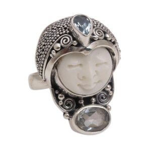 novica artisan handmade blue topaz cocktail ring 925 silver face shaped from bali bone sterling indonesia birthstone [crownbezel 1 in h x 0.7 in w x 0.4 in d band width 4 mm w] ' moonlight prince'