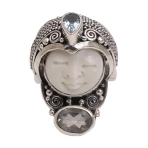 NOVICA Artisan Handmade Blue Topaz Cocktail Ring 925 Silver Face Shaped from Bali Bone Sterling Indonesia Birthstone [crownbezel 1 in H x 0.7 in W x 0.4 in D Band Width 4 mm W] ' Moonlight Prince'