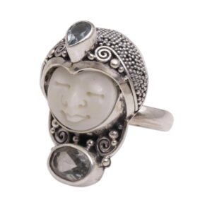 NOVICA Artisan Handmade Blue Topaz Cocktail Ring 925 Silver Face Shaped from Bali Bone Sterling Indonesia Birthstone [crownbezel 1 in H x 0.7 in W x 0.4 in D Band Width 4 mm W] ' Moonlight Prince'