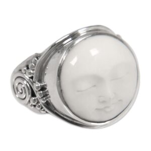 NOVICA Artisan Handmade Bone Ring Crafted .925 Sterling Silver Cocktail No Stone Indonesia 'Face of The Moon'