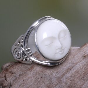 NOVICA Artisan Handmade Bone Ring Crafted .925 Sterling Silver Cocktail No Stone Indonesia 'Face of The Moon'