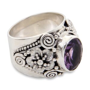 novica artisan handmade amethyst cocktail ring floral .925 sterling silver faceted from bali purple single stone indonesia birthstone 'lilac frangipani'