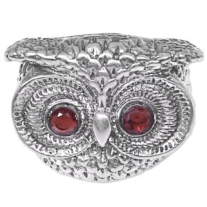 novica artisan handmade garnet cocktail ring balinese sterling silver owl with eyes red indonesia animal themed birthstone [crownbezel 0.7 in l x 1 in w x 0.2 in h band width 3 mm w] ' owl eyes'