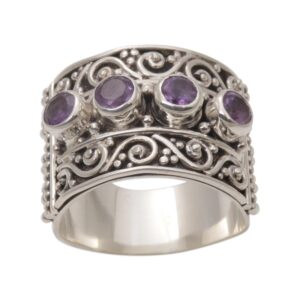 novica artisan handmade amethyst cocktail ring sterling silver multistone from bali purple band indonesia ultra violet birthstone [ring front 0.6 in l x 0.8 in w x 0.2 in h band width 9 mm w] '