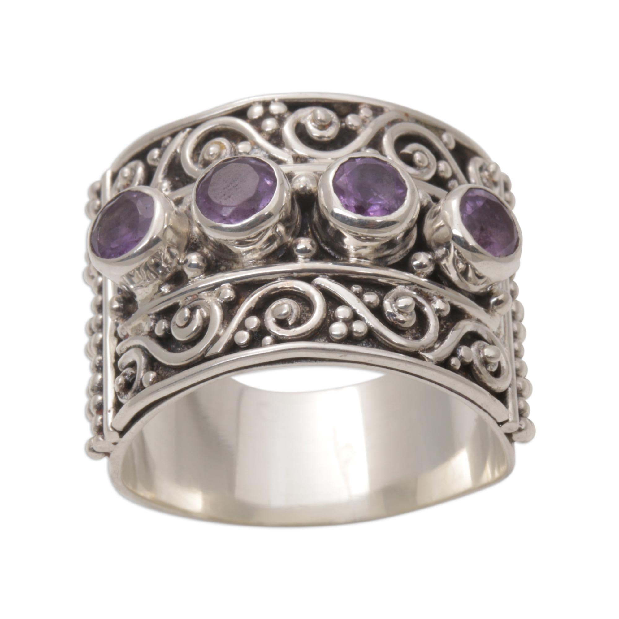 NOVICA Artisan Handmade Amethyst Cocktail Ring Sterling Silver Multistone from Bali Purple Band Indonesia Ultra Violet Birthstone [ring Front 0.6 in L x 0.8 in W x 0.2 in H Band Width 9 mm W] '