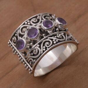 NOVICA Artisan Handmade Amethyst Cocktail Ring Sterling Silver Multistone from Bali Purple Band Indonesia Ultra Violet Birthstone [ring Front 0.6 in L x 0.8 in W x 0.2 in H Band Width 9 mm W] '